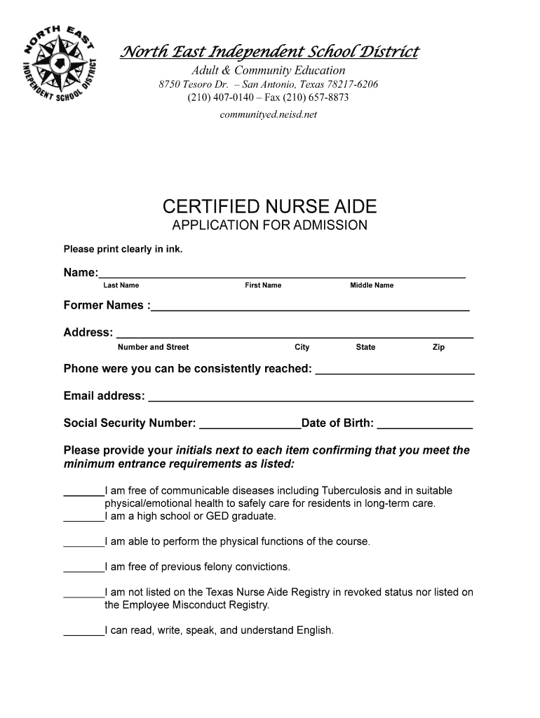 Fillable Online neisd CERTIFIED NURSE AIDE - North East Independent ...