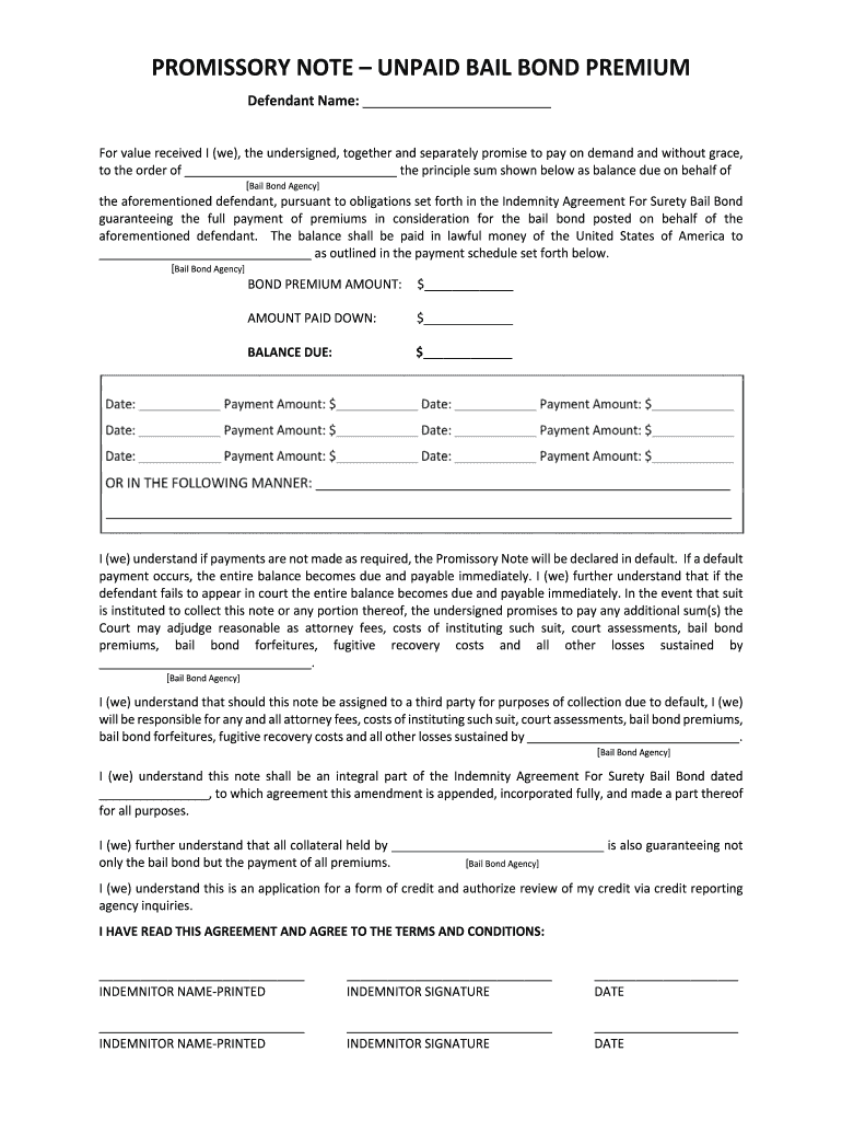 Fillable Online PROMISSORY NOTE UNPAID BAIL BOND PREMIUM Fax Email Print - pdfFiller