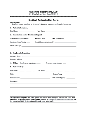 Fillable Online Sunshine Healthcare, LLC Medical Authorization Form Fax ...