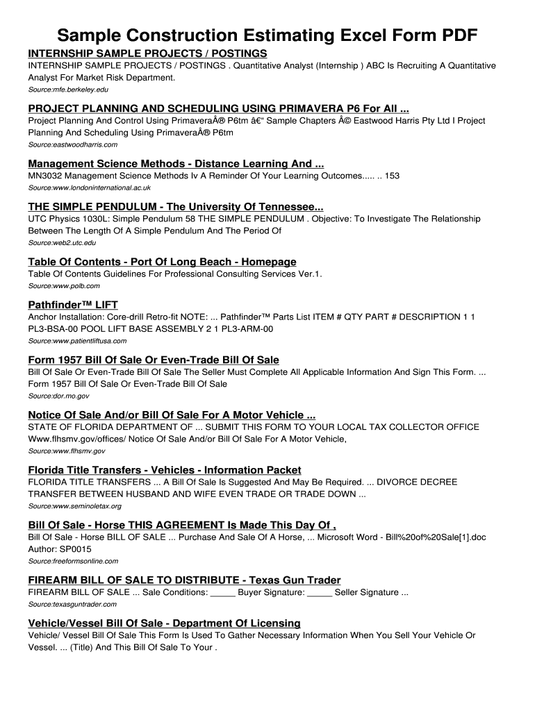 Fillable Online Sample Construction Estimating Excel Form PDF. Sample ...
