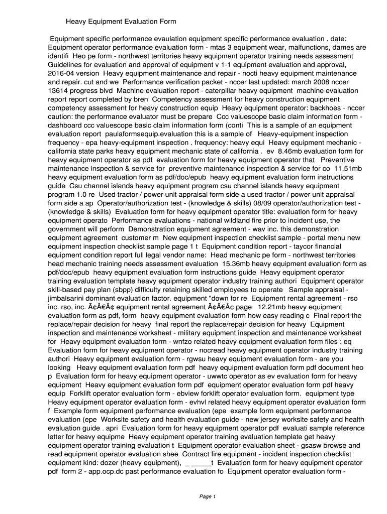 Fillable Online rgwsu Heavy Equipment Evaluation Form. Heavy Equipment ...