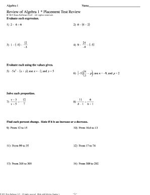 Fillable Online Review of Algebra 1 * Placement Test Review Fax Email ...