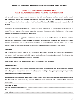 Fillable Online Checklist for Application for Consent under Encumbrance under s601AE(2) Fax ...
