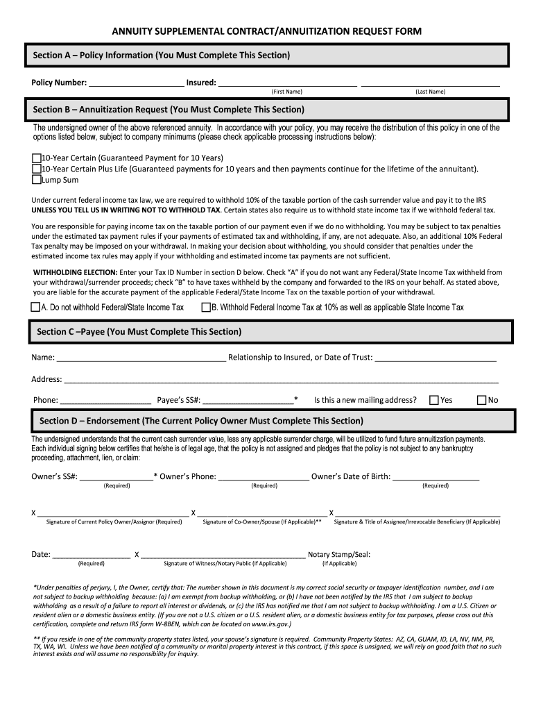 Fillable Online ANNUITY SUPPLEMENTAL CONTRACT/ANNUITIZATION REQUEST FORM Fax Email Print - pdfFiller
