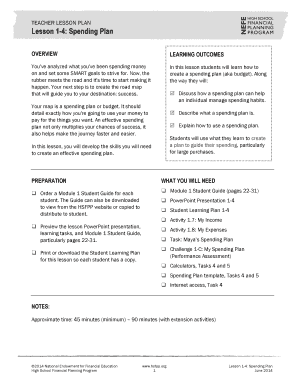 Fillable Online hsfpp TEACHER LESSON PLAN Lesson 1-4: Spending Plan Fax Email Print - pdfFiller