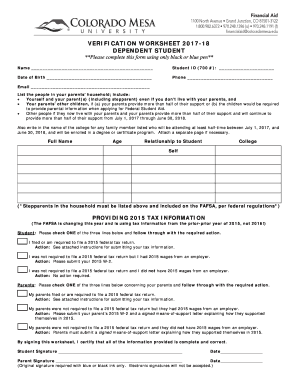 Fillable Online coloradomesa Dependent Verification Worksheet 1718 Fax ...