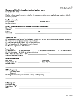 Fillable Online Behavioral Health Inpatient Authorization Form ...
