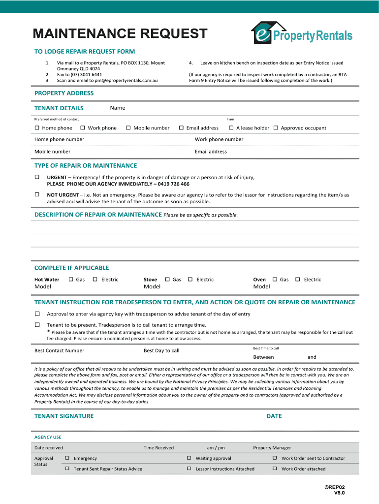 Fillable Online TENANT MAINTENANCE REQUEST FORM - Amity Real Estate Fax ...