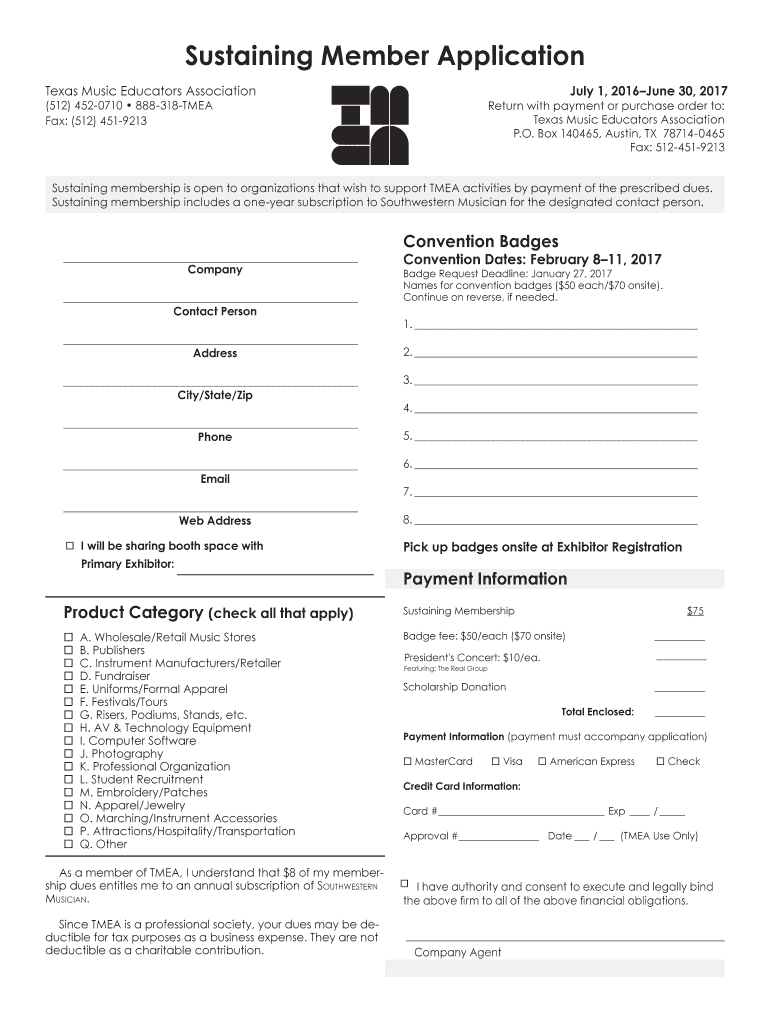 Fillable Online tmea Sustaining Member Application - tmea.org Fax Email Print - pdfFiller