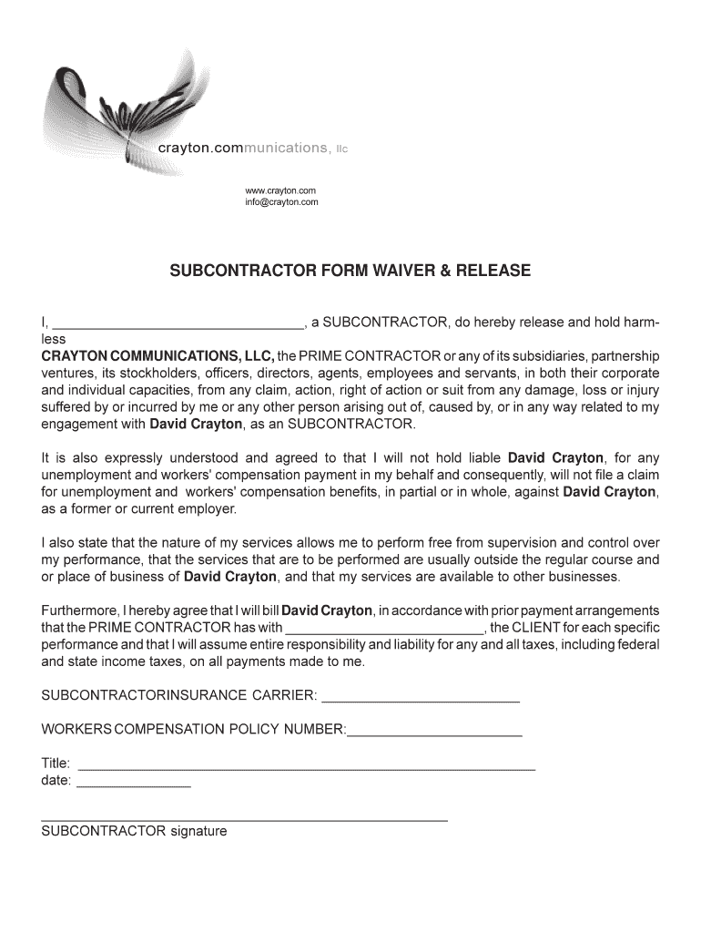 Fillable Online SUBCONTRACTOR FORM WAIVER & RELEASE Fax Email Print ...