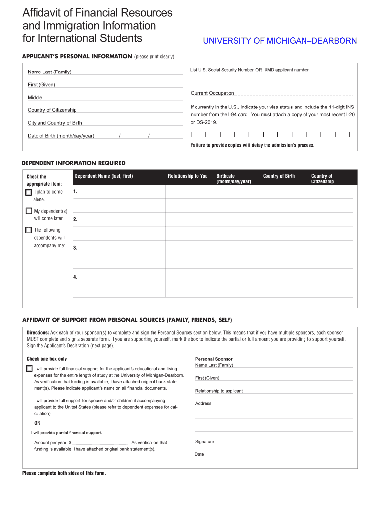 Fillable Online Affidavit of Financial Resources and Immigration ...