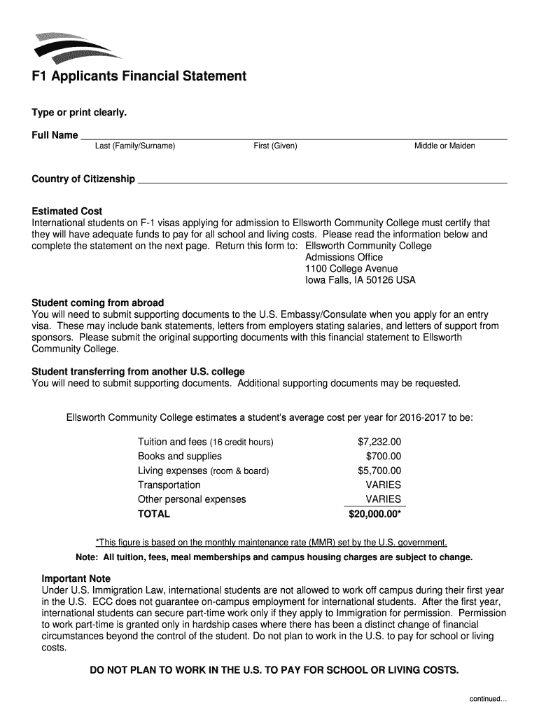 Fillable Online forms iavalley F1 Applicants Financial Statement ...