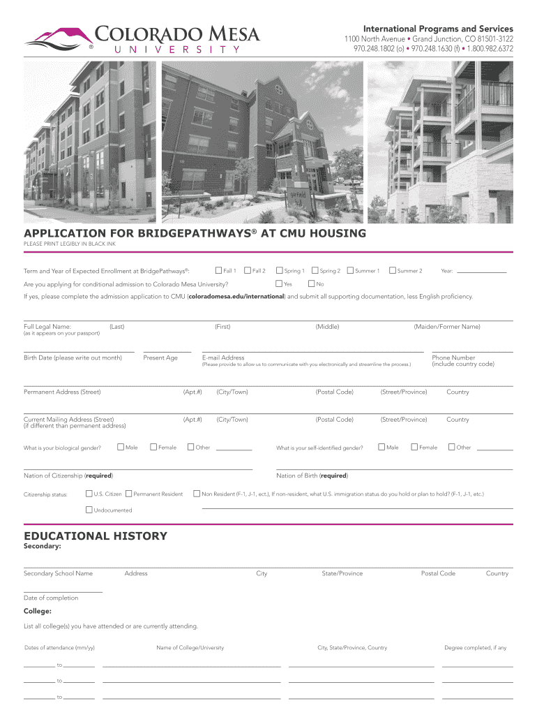 Fillable Online coloradomesa APPLICATION FOR BRIDGEPATHWAYS AT CMU ...