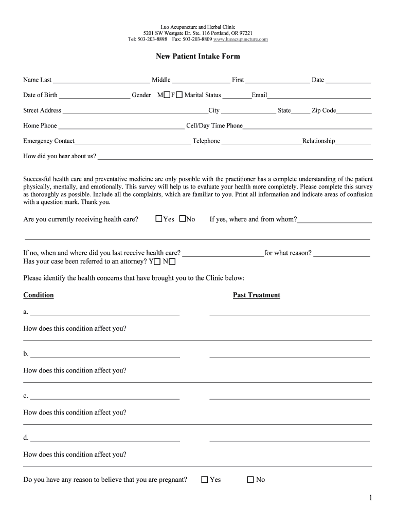 Fillable Online New Patient Intake Form - Luo Acupuncture & Herbal ...
