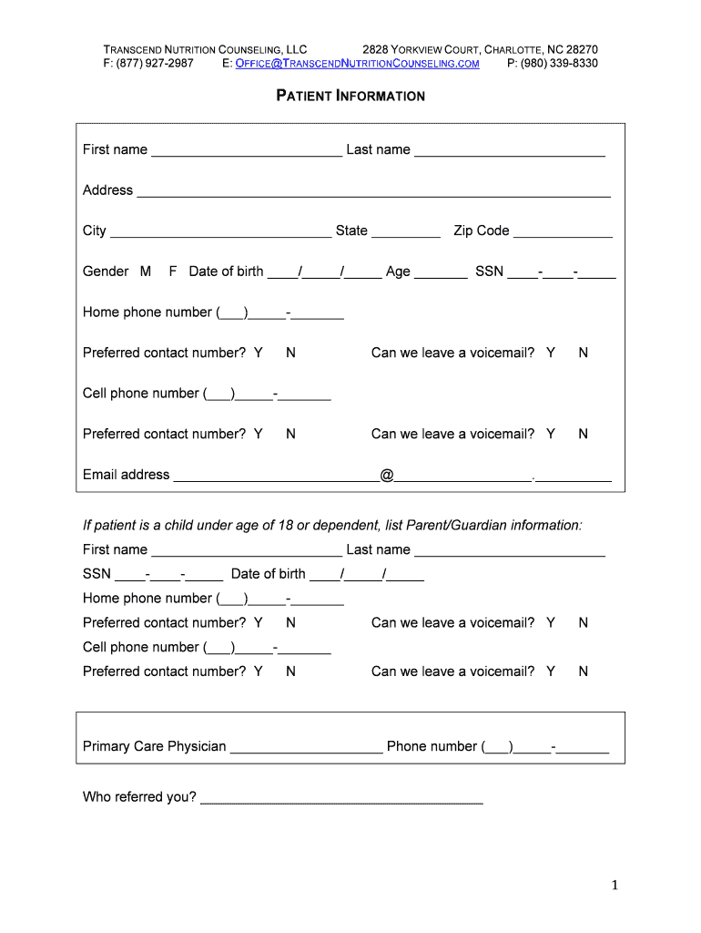 Fillable Online Inital Intake Form - transcendnutritioncounseling.com ...
