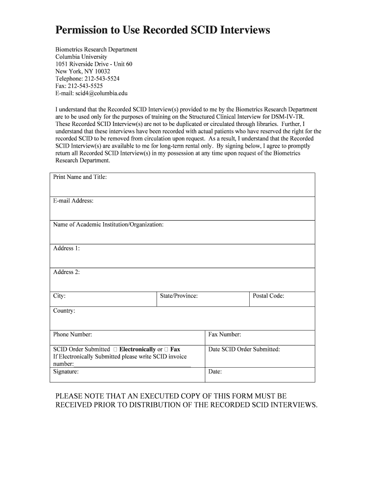Fillable Online scid4 permission use recorded SCID interviews - scid4 ...