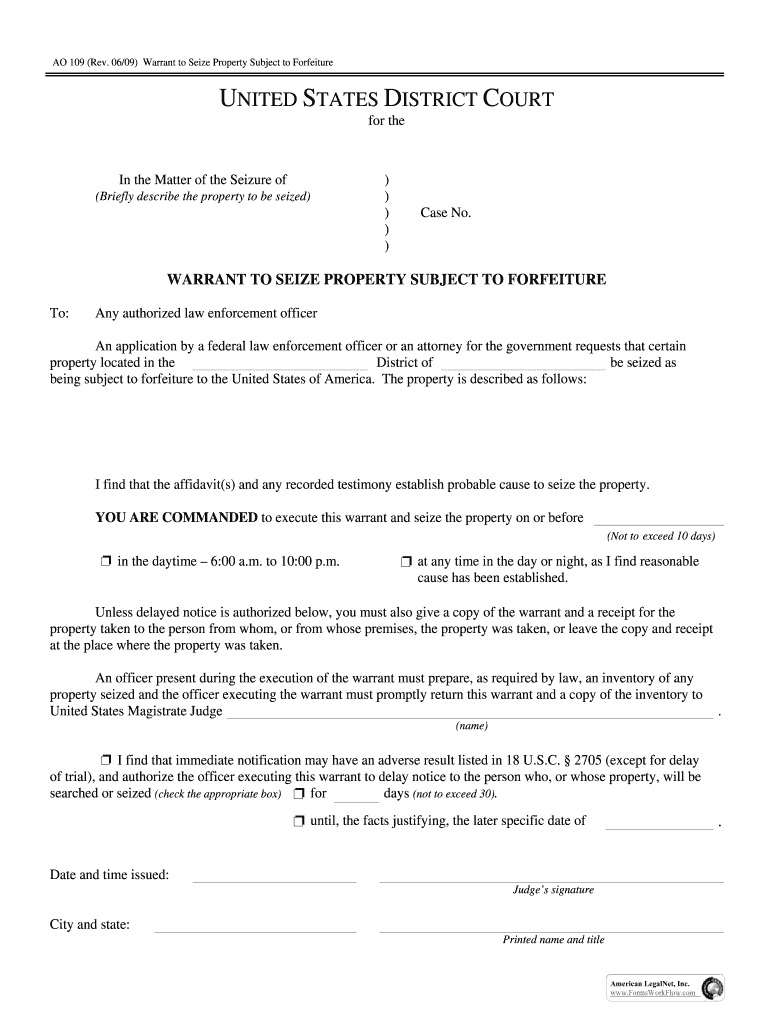 Fillable Online 06/09) Warrant to Seize Property Subject to Forfeiture ...