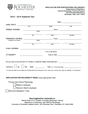 Fillable Online urmc rochester APPLICATION FOR POSTDOCTORAL FELLOWSHIP ...