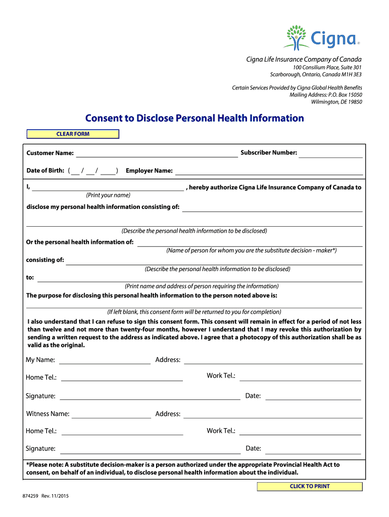 Fillable Online Cigna Life Insurance Company of Canada Consent to ...