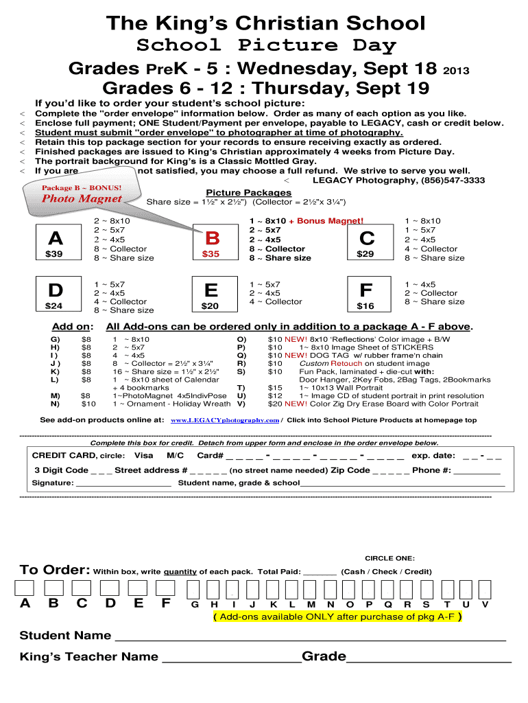 Fillable Online tkcs The King's Christian School School Picture Day Grades PreK - tkcs Fax Email ...