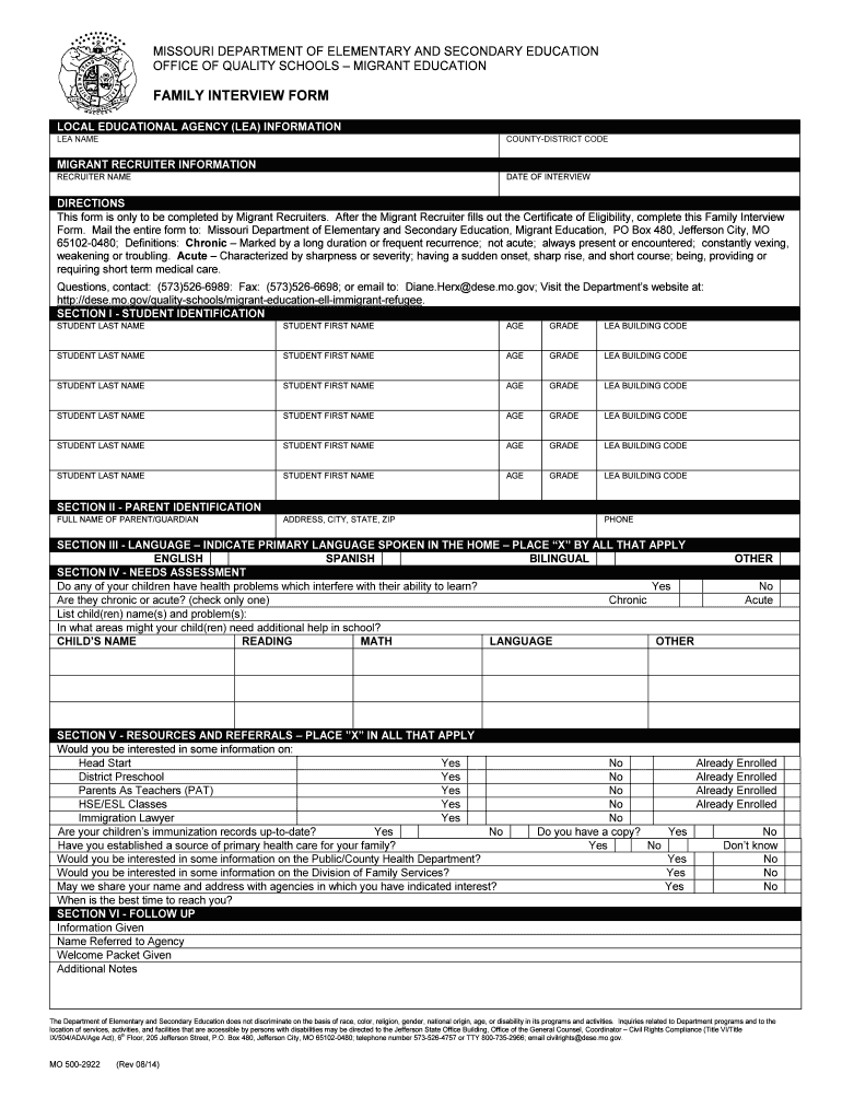 Fillable Online dese mo FAMILY INTERVIEW FORM - dese.mo.gov Fax Email ...