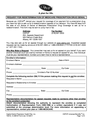 Fillable Online Medicare Part D Redetermination Request - 2017. Prescription Drug Denial Form ...