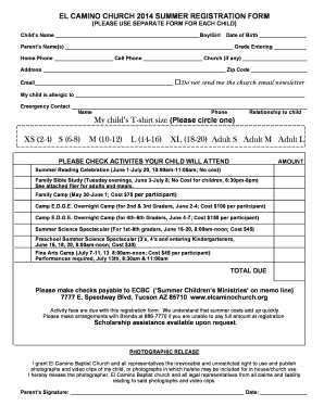 Fillable Online elcaminochurch (PLEASE USE SEPARATE FORM FOR EACH CHILD ...