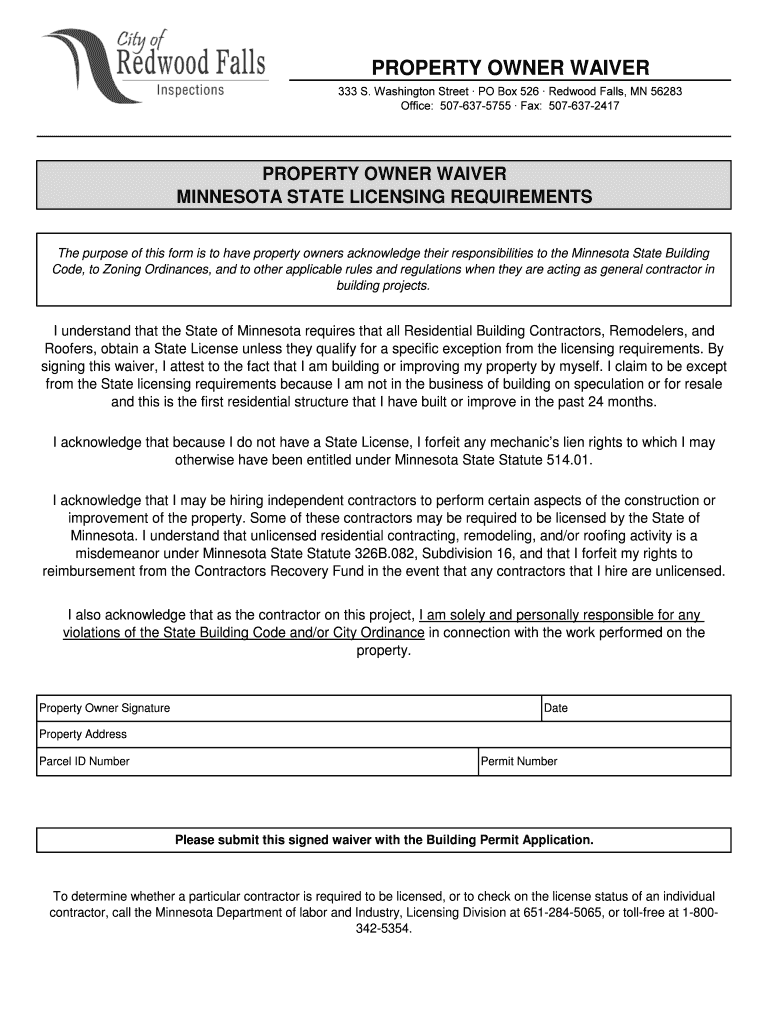 Fillable Online PROPERTY OWNER WAIVER MINNESOTA STATE LICENSING ...