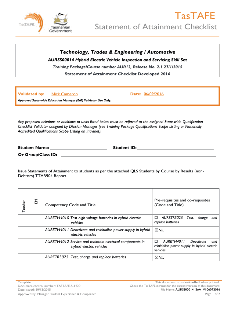 Fillable Online doccentre tastafe tas edu Statement of Attainment ...