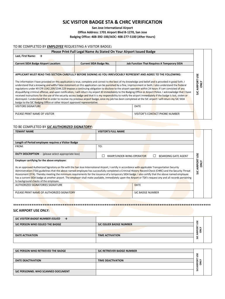 Fillable Online SJC VISITOR BADGE STA & CHRC VERIFICATION Fax Email ...