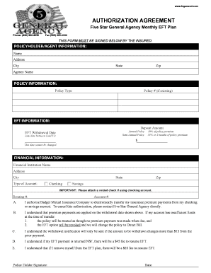 Fillable Online Five Star General Agency Monthly EFT Plan AUTHORIZATION ...