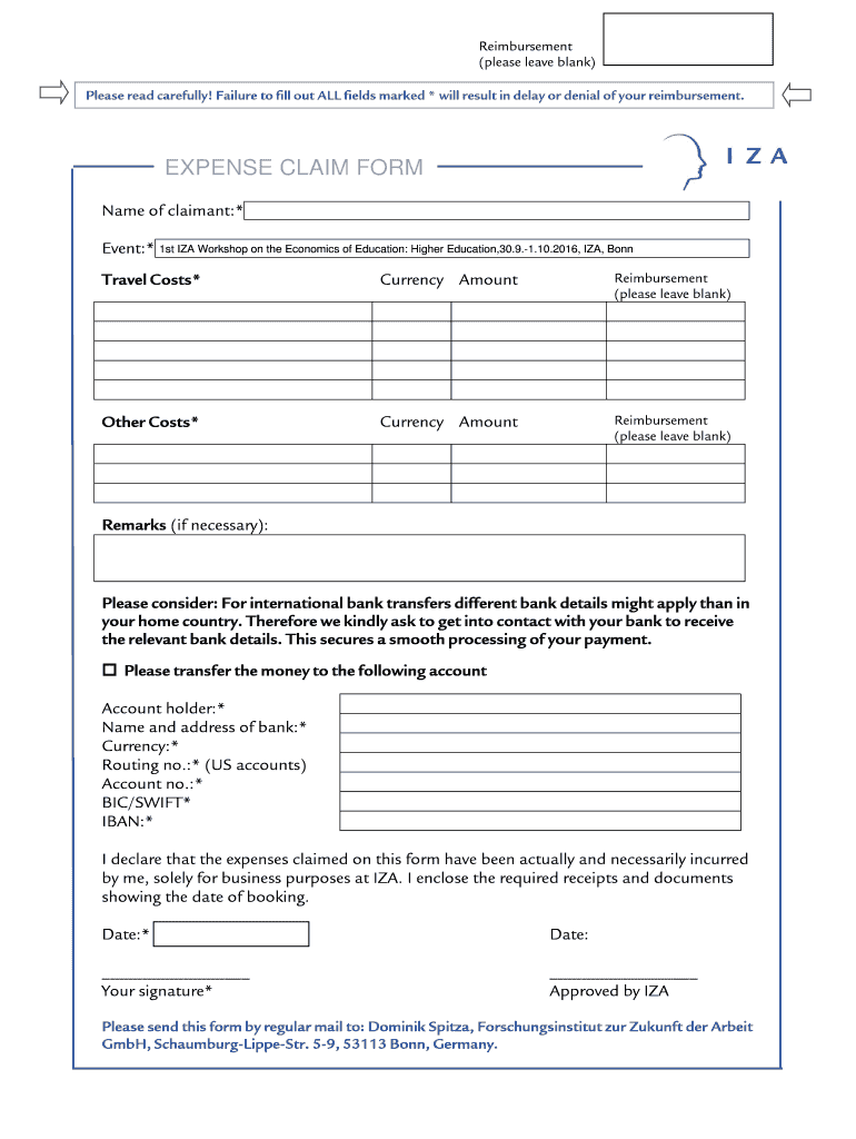 Fillable Online iza Expense Claim Form - iza.org Fax Email Print ...