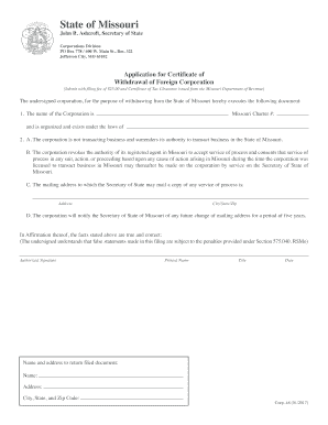 Fillable Online sos mo application for certificate of withdrawal of ...