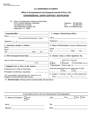 Fillable Online energy DOE F 4220-10. Congressional Grant/Contract ...
