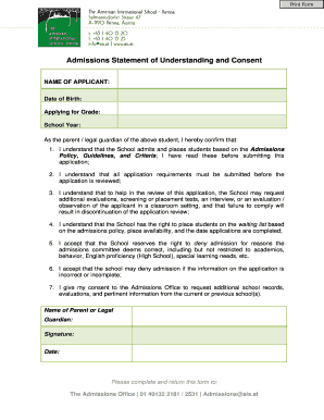 Fillable Online Admissions Statement of Understanding and Consent Fax ...