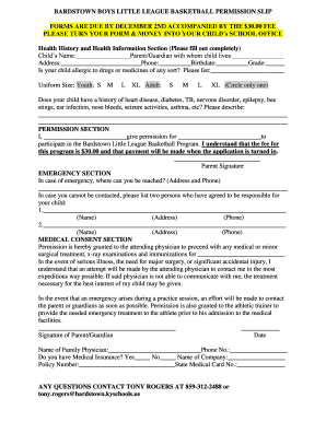 Fillable Online Boys Bardstown Little League Basketball Permission Slip ...