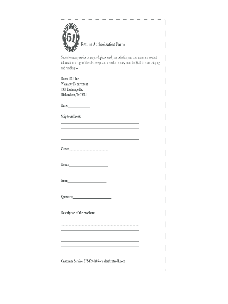 Fillable Online Return Authorization Form - Retro 1951 Fax Email Print ...