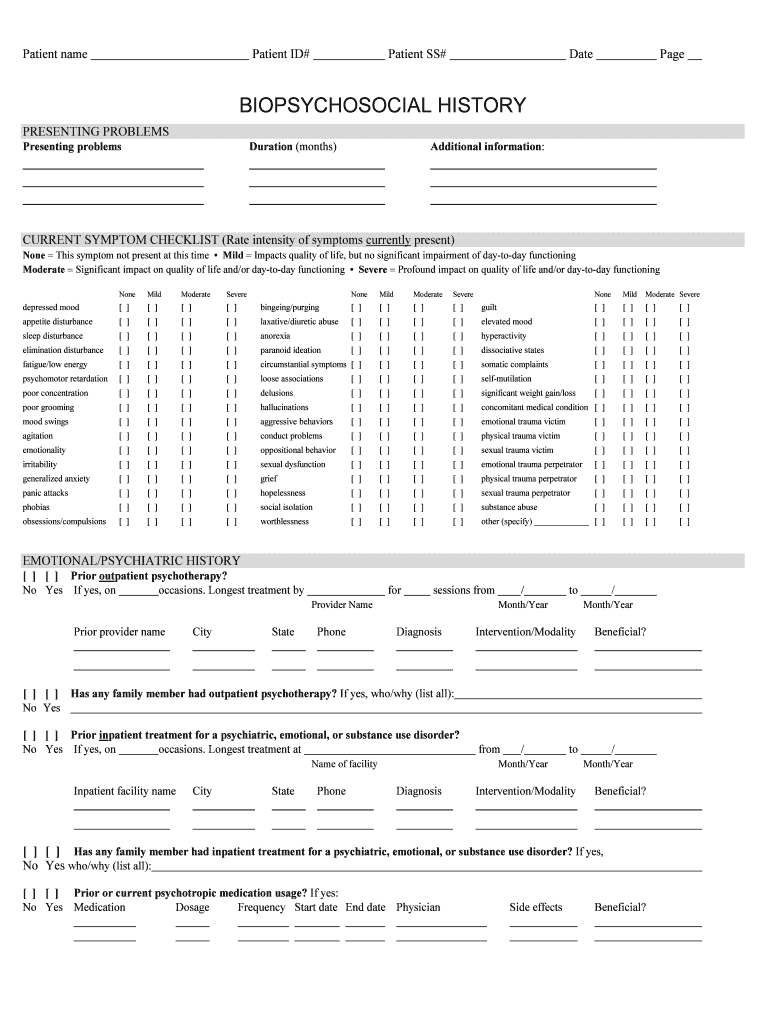 Fillable Online BIOPSYCHOSOCIAL HISTORY - Westbrook Recovery Center Fax ...