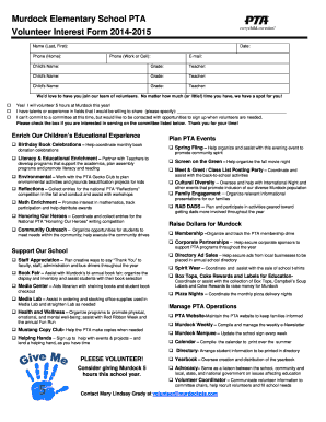 Fillable Online Murdock Elementary School PTA Volunteer Interest Form 2014-2015 Fax Email Print ...
