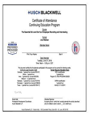 Fillable Online Certificate of Attendance Continuing Education Program Fax Email Print - pdfFiller