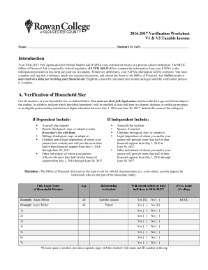 Fillable Online 2016 2017 Verification Worksheet V1 & V5 Office of Financial Aid ... Fax Email ...