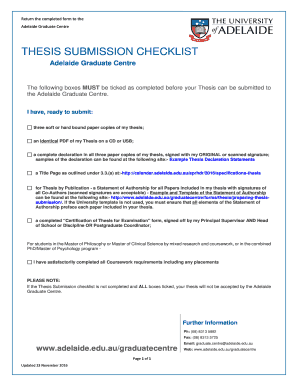 Fillable Online adelaide edu THESIS SUBMISSION CHECKLIST Fax Email Print - pdfFiller