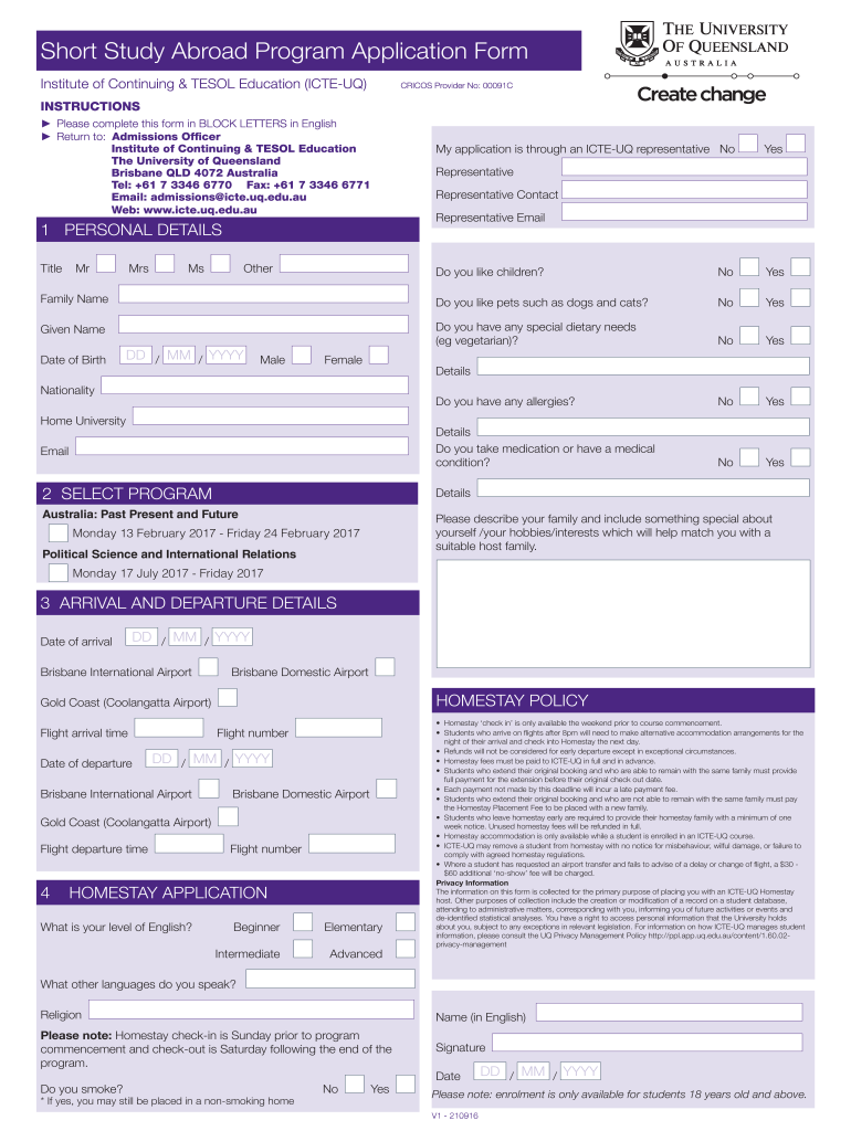 AU University of Queensland Short Study Abroad Form - Fill Online ...