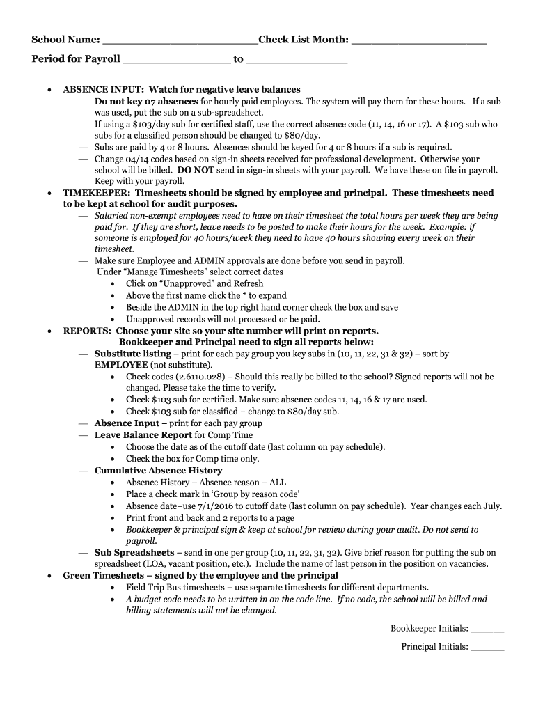 Fillable Online ncmcs School Name: Check List Month: Fax Email Print ...