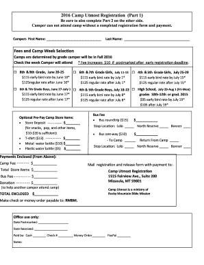 Fillable Online camputmost 2016 Camp Utmost Registration (Part 1) Fees ...