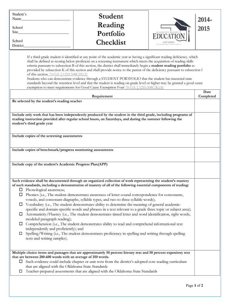 Fillable Online sde ok Teacher Created On Grade Level Student Portfolio ...