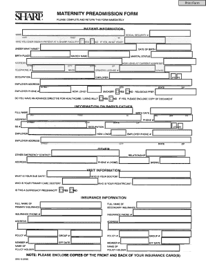 Fillable Online MATERNITY PREADMISSION FORM Fax Email Print - pdfFiller
