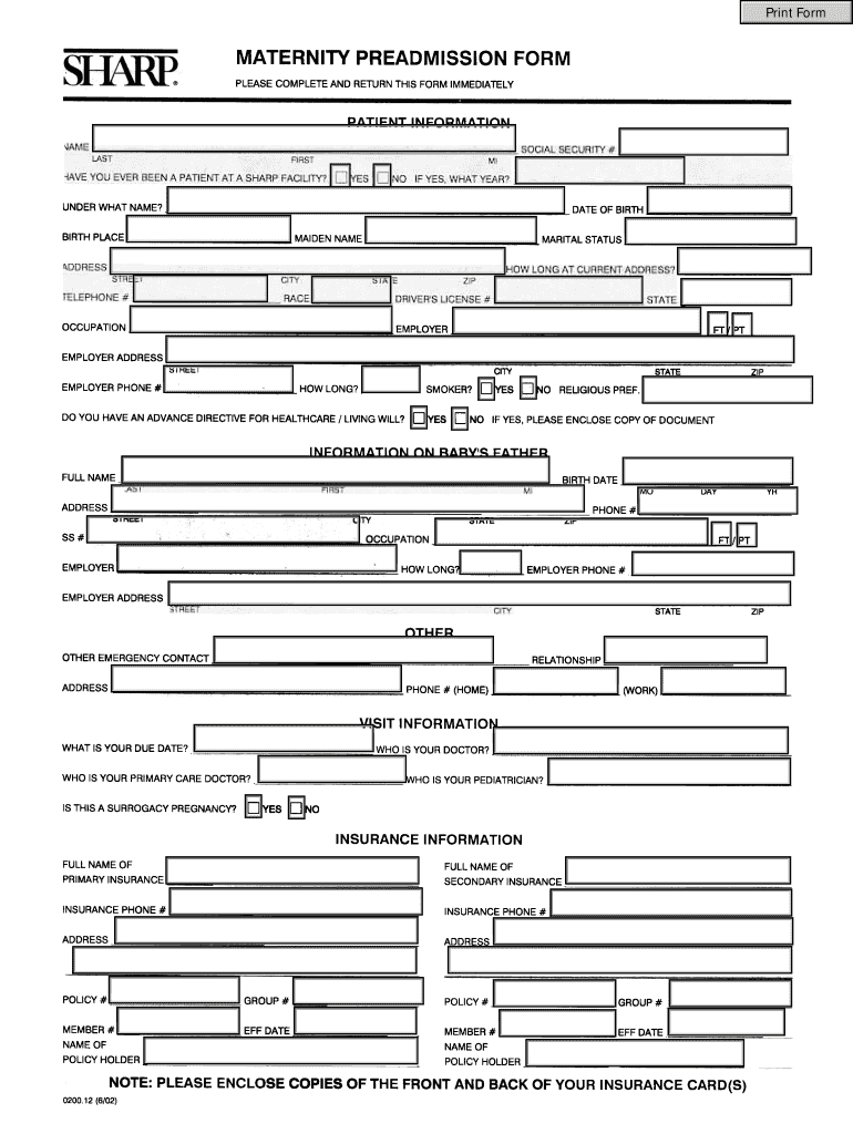 Fillable Online MATERNITY PREADMISSION FORM Fax Email Print - pdfFiller