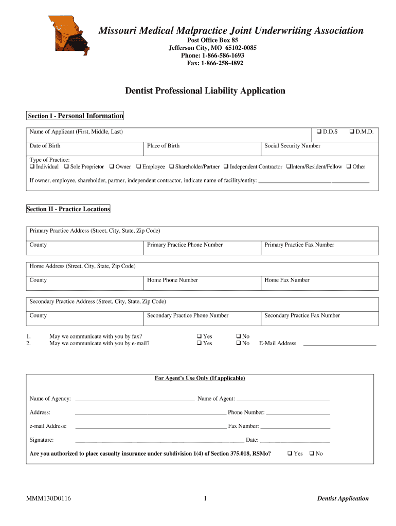 Fillable Online Dentist Professional Liability Application Fax Email Print - pdfFiller