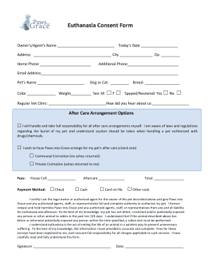 Fillable Online Euthanasia Consent Form - Paws Into Grace Fax Email ...